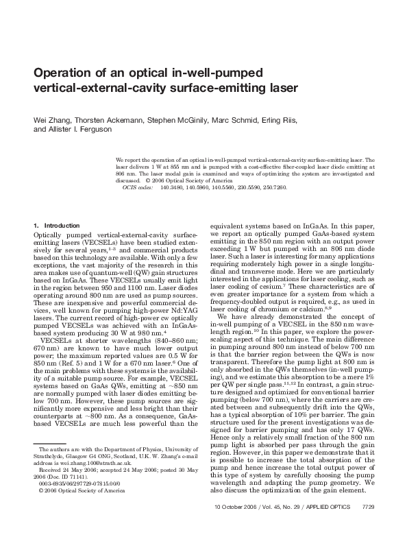 (PDF) Operation of an optical in-well-pumped vertical-external-cavity surface-emitting laser