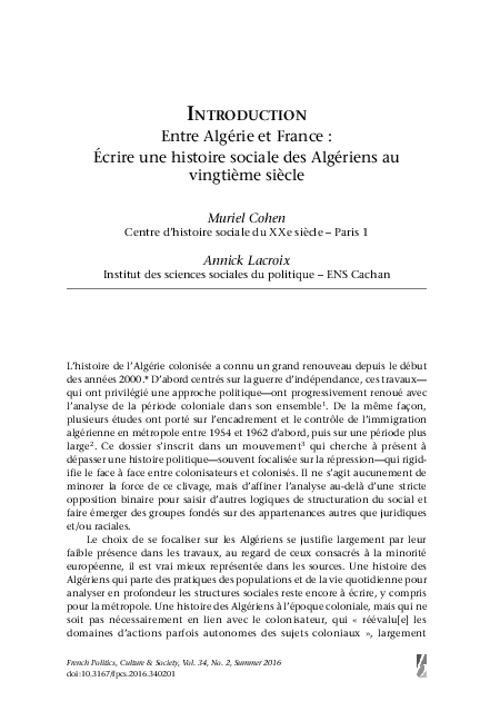 (PDF) Entre Algérie et France: Écrire une histoire sociale des ...
