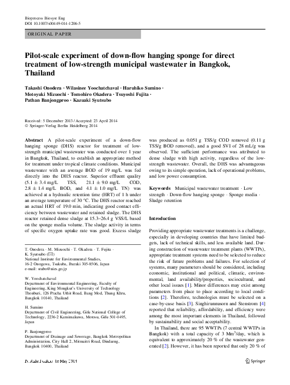 (PDF) Pilot-scale experiment of down-flow hanging sponge for direct ...