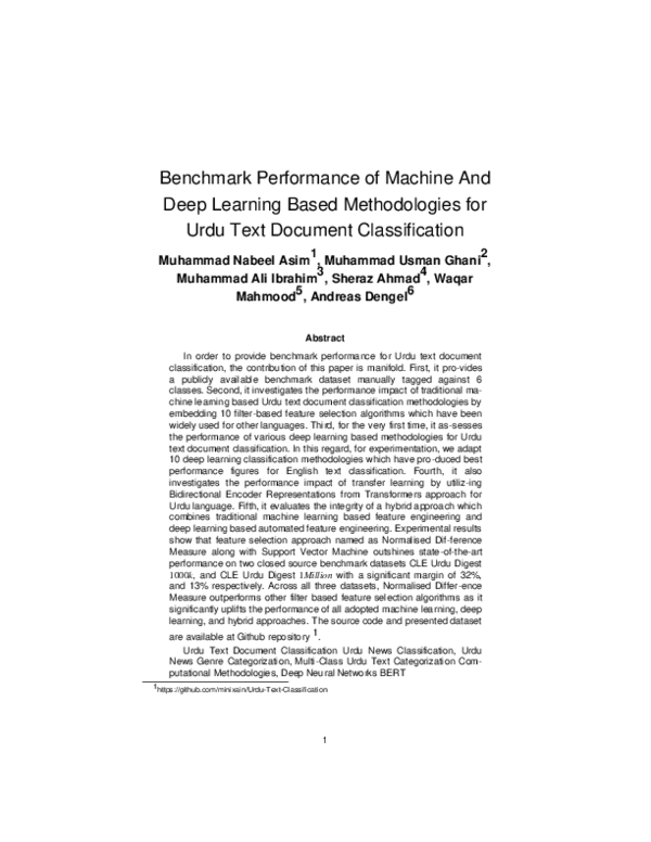 Pdf Benchmarking Performance Of Machine And Deep Learning Based