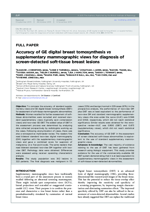 (PDF) Accuracy of GE digital breast tomosynthesis versus supplementary mammographic views for ...