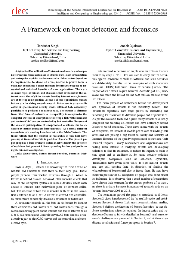 Pdf A Framework On Botnet Detection And Forensics Anchit Bijalwan