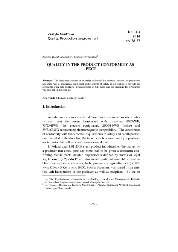 (PDF) Quality in the Product Conformity Aspect