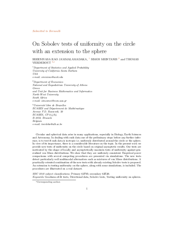 Pdf On New Sobolev Tests Of Uniformity On The Circle With Extension To The Sphere