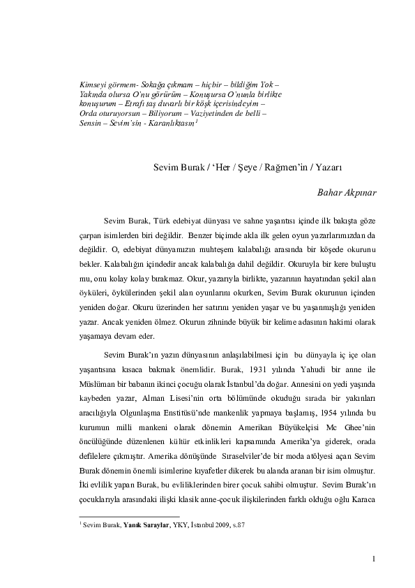 (PDF) Sevim Burak / ‘Her / Şeye / Rağmen’in / Yazarı