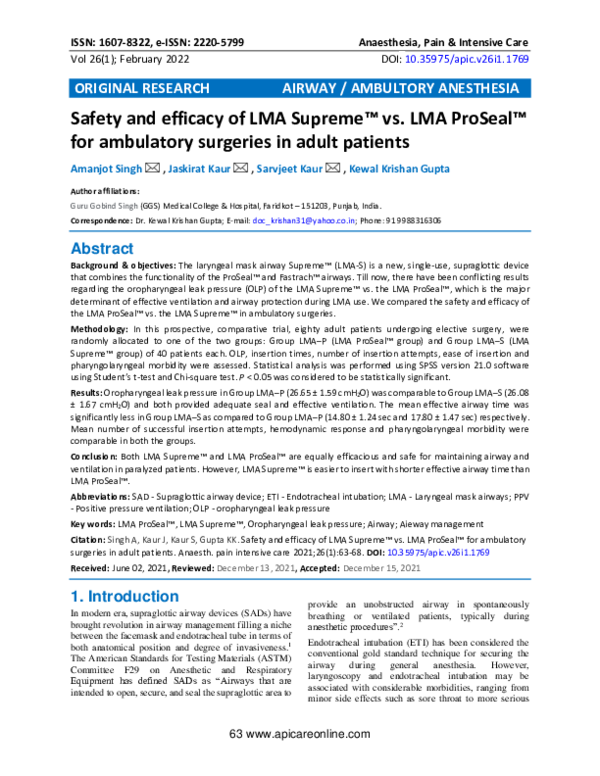 (PDF) Safety and efficacy of LMA Supreme™ vs. LMA ProSeal™ for ...
