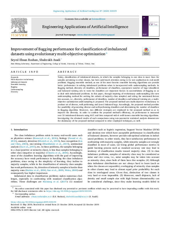 (PDF) Improvement of Bagging performance for classification of imbalanced datasets using ...