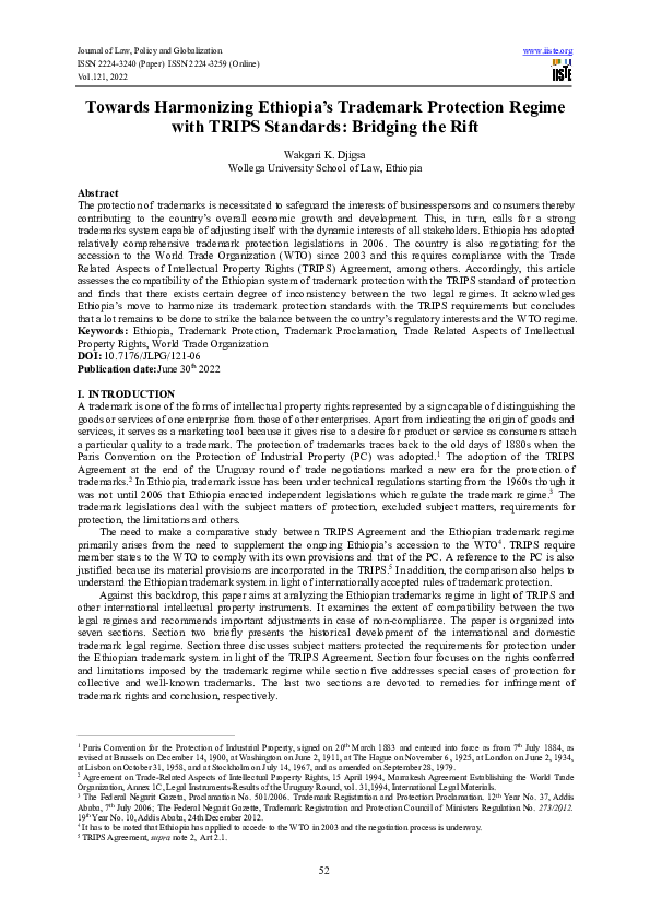 (PDF) Towards Harmonizing Ethiopia's Trademark Protection Regime with TRIPS Standards: Bridging ...