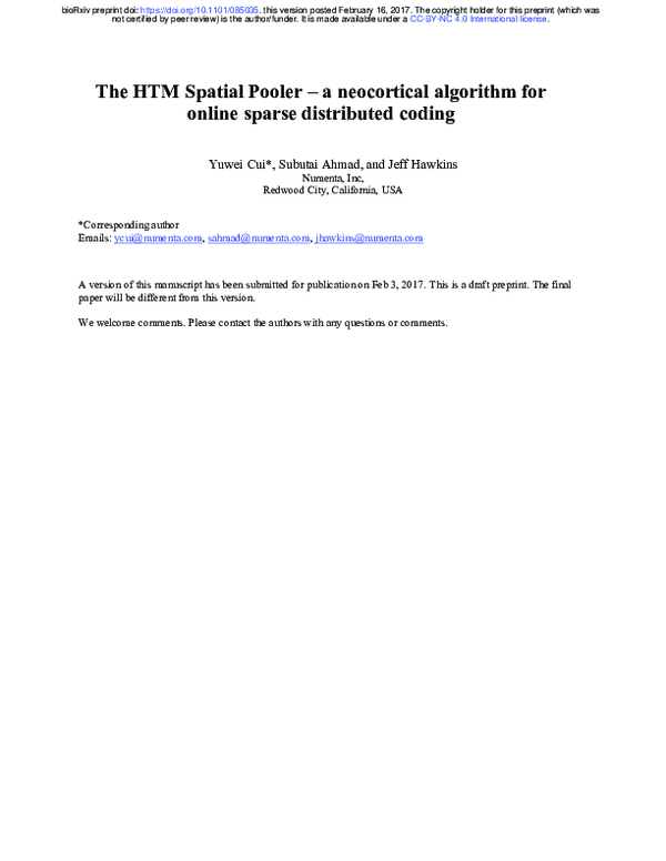 (PDF) The HTM Spatial Pooler – a neocortical algorithm for online sparse distributed coding