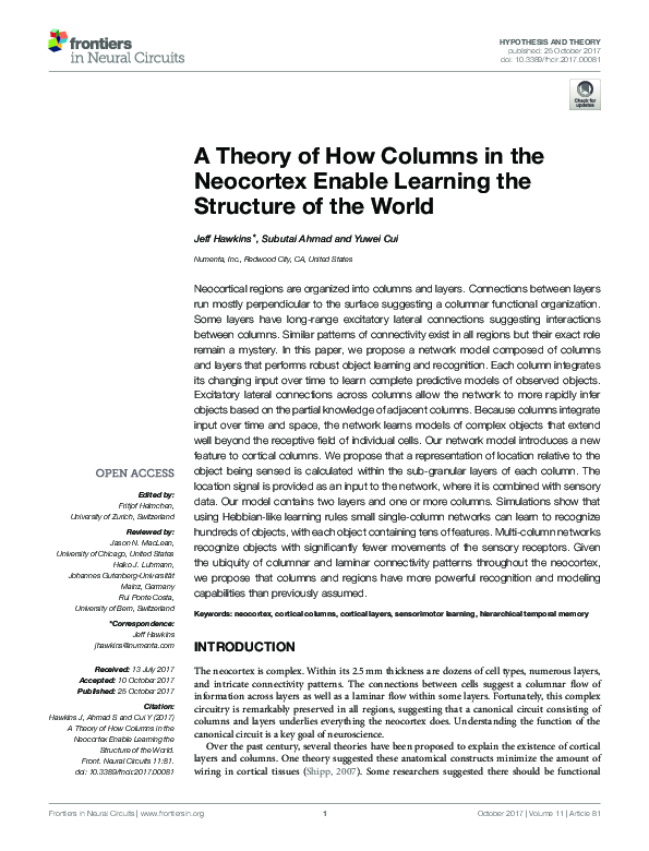 (PDF) Columnar Organization for Object Learning in Neocortex