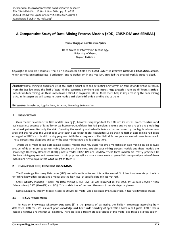 (PDF) A Comparative Study of Data Mining Process Models (KDD, CRISP-DM ...