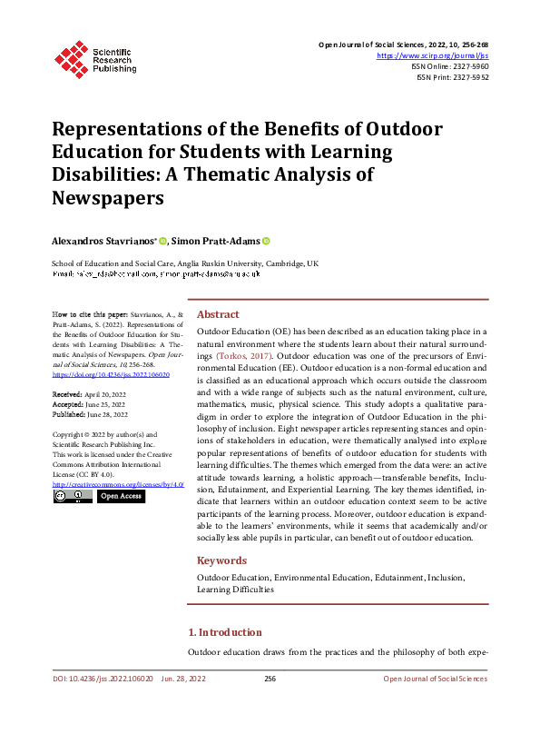 (PDF) Representations of the Benefits of Outdoor Education for Students ...