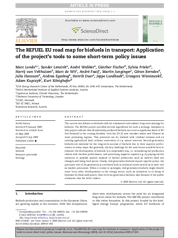 (PDF) The REFUEL EU road map for biofuels in transport: Application of ...