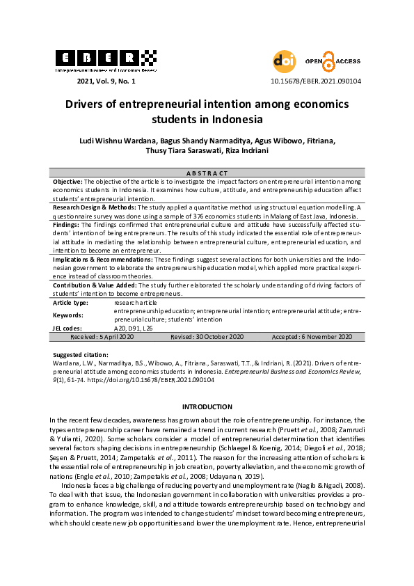 (PDF) Drivers of entrepreneurial intention among economics students in ...