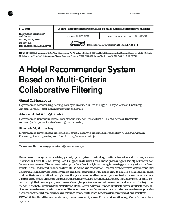 (PDF) A Hotel Recommender System Based on Multi-Criteria Collaborative Filtering