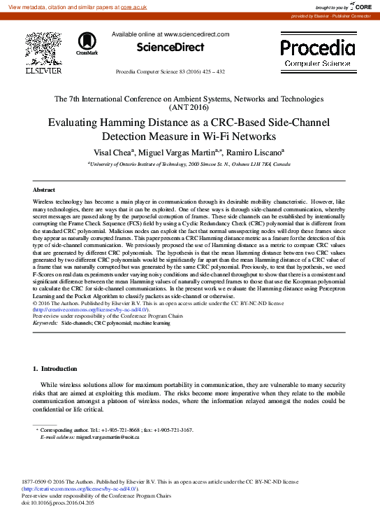 (PDF) Evaluating Hamming Distance as a CRC-based Side-channel Detection Measure in Wi-Fi Networks