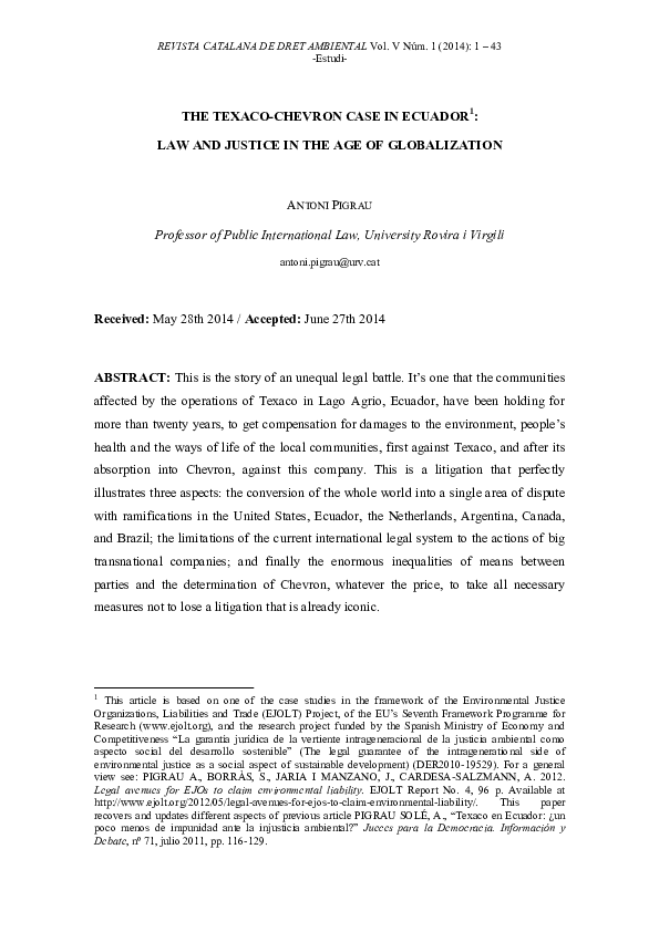 (PDF) The Texaco-Chevron case in Ecuador: Law and justice in the age of ...