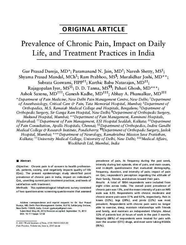 (PDF) Prevalence of Chronic Pain, Impact on Daily Life, and Treatment ...