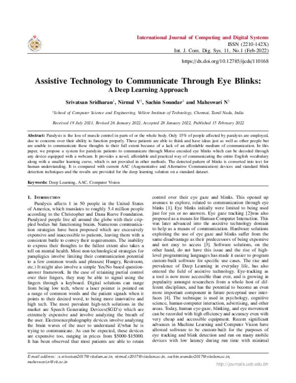 (PDF) Assistive Technology to Communicate Through Eye Blinks: A Deep Learning Approach