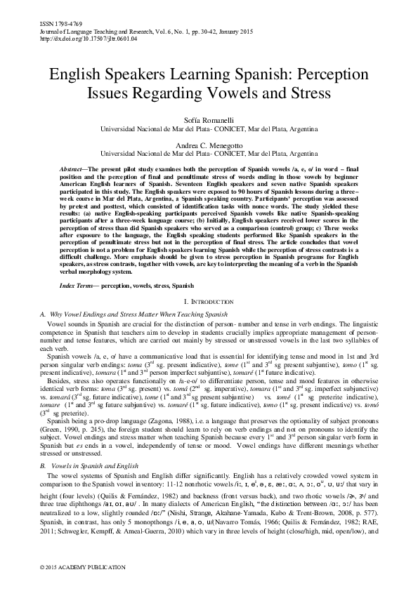 (PDF) English Speakers Learning Spanish: Perception Issues Regarding ...