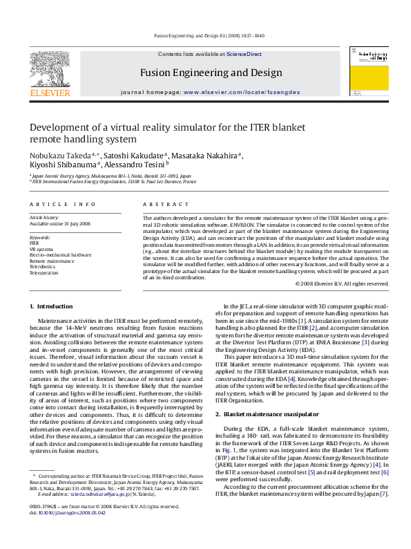 (PDF) Development of a virtual reality simulator for the ITER blanket remote handling system