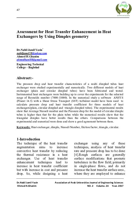 (PDF) Assessment for Heat Transfer Enhancement in Heat Exchangers by ...
