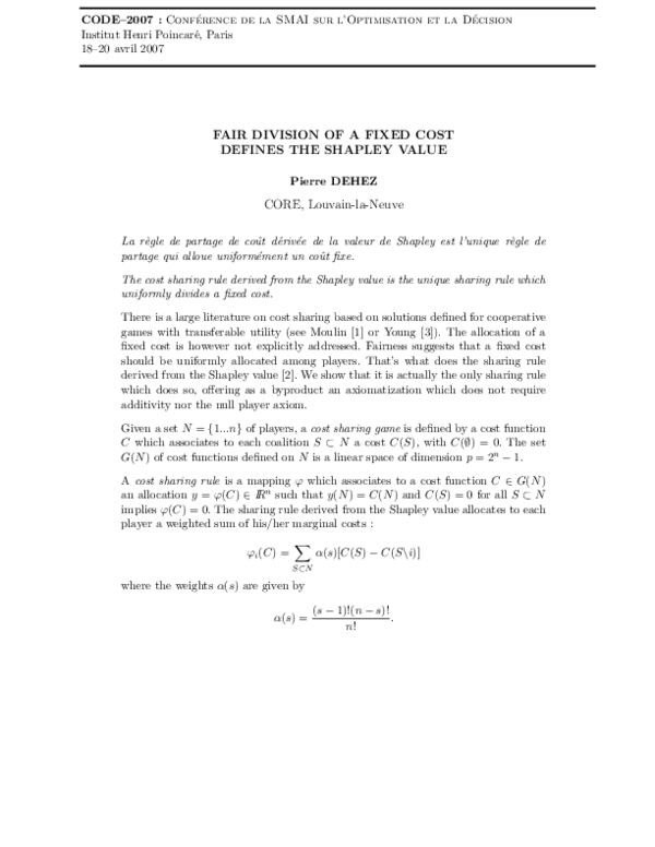 (PDF) Fair Division of Fixed Costs Defines the Shapley Value