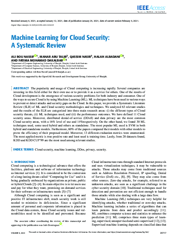 (PDF) Machine Learning for Cloud Security: A Systematic Review