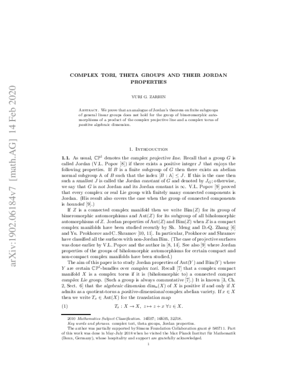 (PDF) Complex Tori, Theta Groups and Their Jordan Properties