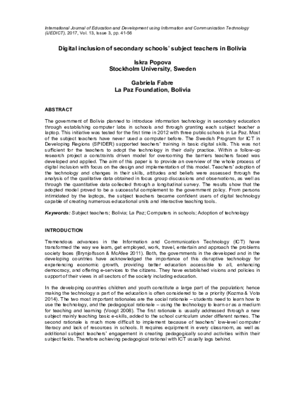 (PDF) Digital Inclusion of Secondary Schools' Subject Teachers in Bolivia