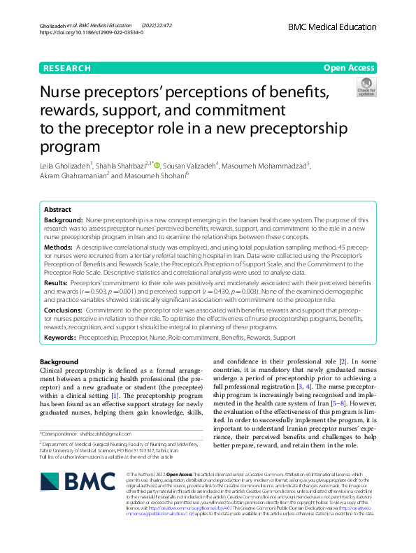 (PDF) Nurse preceptors’ perceptions of benefits, rewards, support, and commitment to the ...