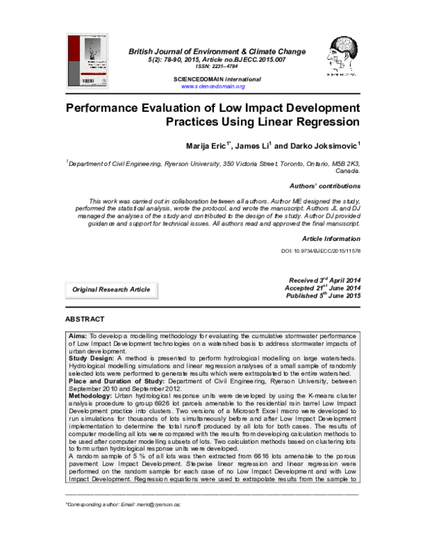 Pdf Performance Evaluation Of Low Impact Development Practices Using