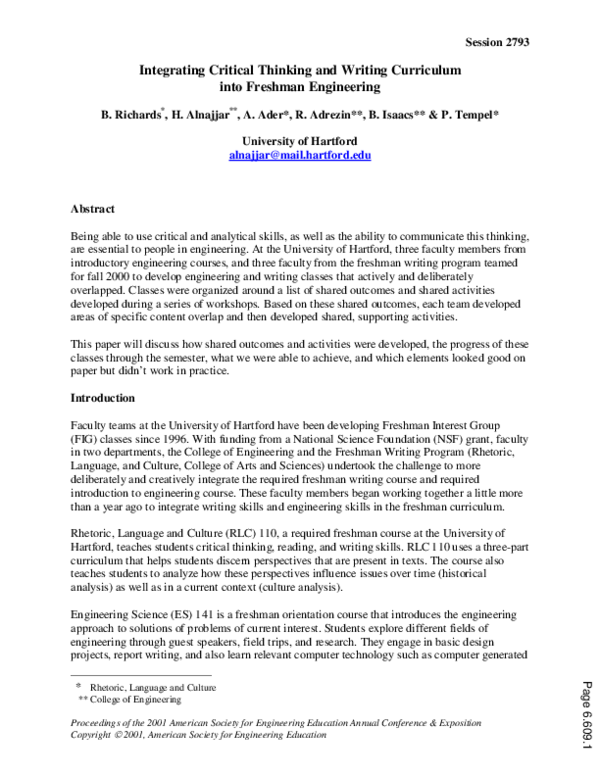 (PDF) Integrating Critical Thinking Writing Curriculum Into Freshman ...