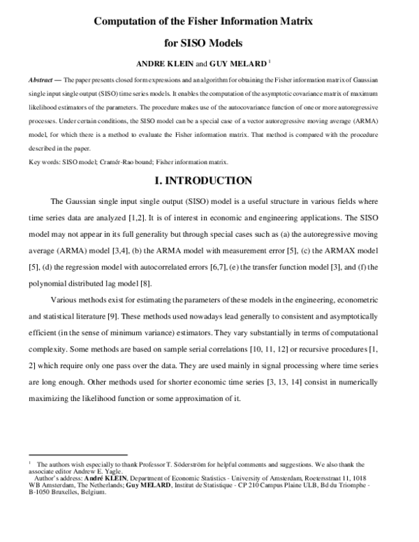 (PDF) Computation of the Fisher information matrix for SISO models
