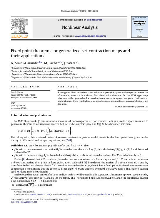 Pdf Fixed Point Theorems For Generalized Set Contraction Maps And Their Applications Jafar