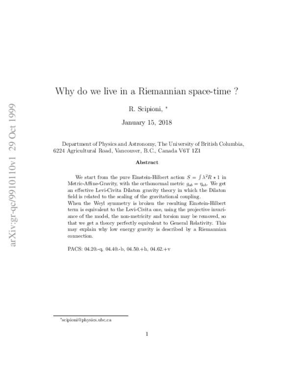 Pdf Why Do We Live In A Riemannian Space Time Roberto Scipioni