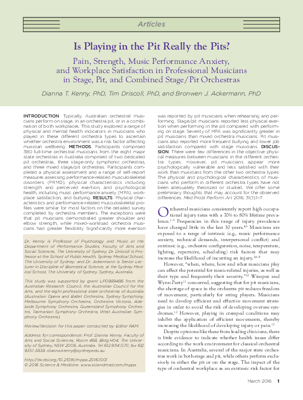 (PDF) Is Playing in the Pit Really the Pits?: Pain, Strength, Music ...