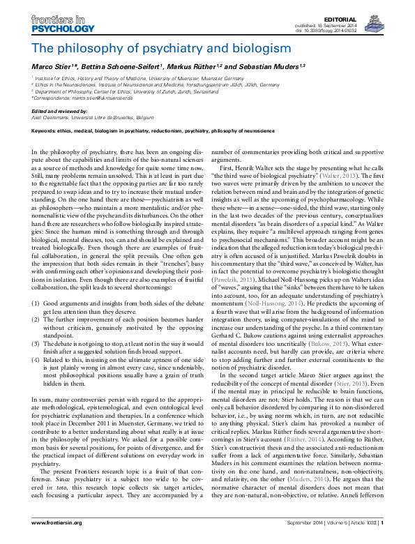 (PDF) The Philosophy of Psychiatry and Biologism | Sebastian Muders ...