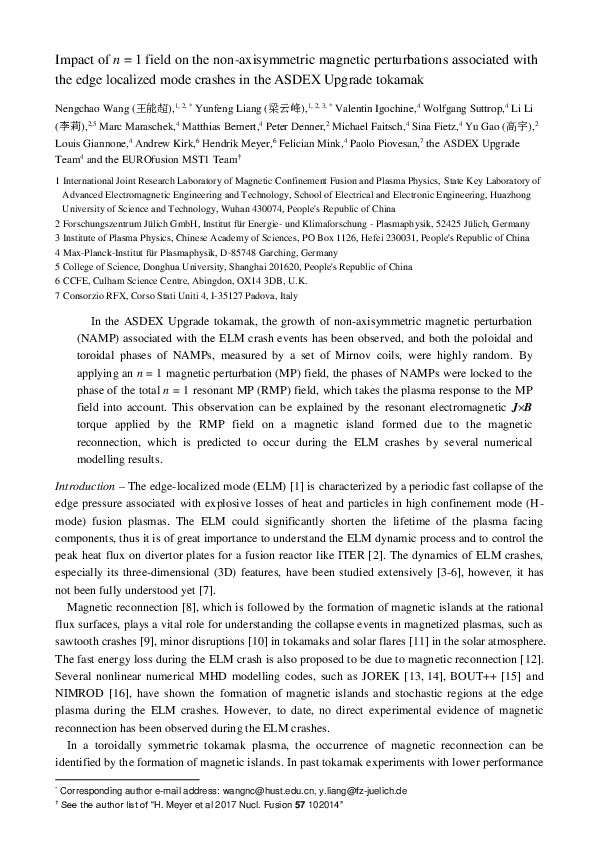 (PDF) Impact of n = 1 field on the non-axisymmetric magnetic ...
