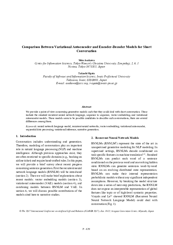 (PDF) Comparison Between Variational Autoencoder and Encoder-Decoder Models for Short Conversation