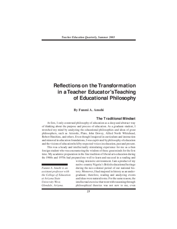(PDF) Reflections on the transformation in a teacher educator's ...