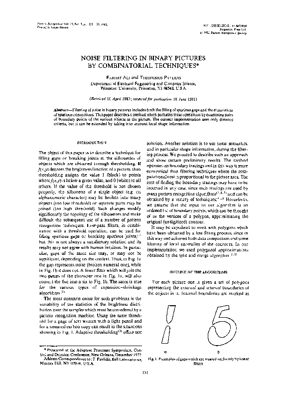 (PDF) Noise filtering in binary pictures by combinatorial techniques