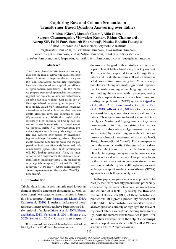 (PDF) Capturing Row and Column Semantics in Transformer Based Question Answering over Tables