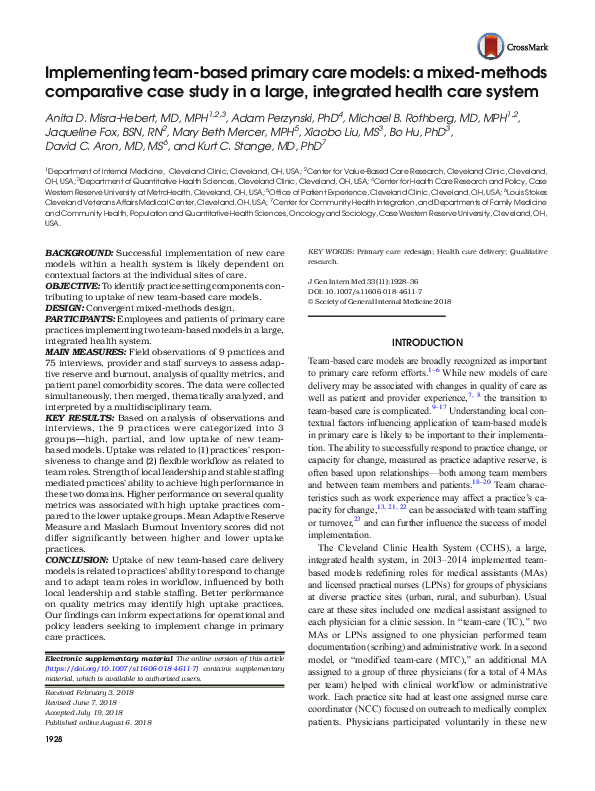 (PDF) Implementing team-based primary care models: a mixed-methods ...