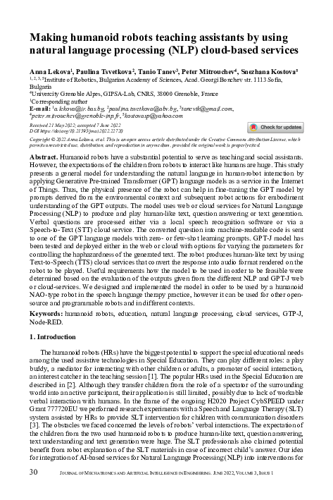 (PDF) Making humanoid robots teaching assistants by using natural ...