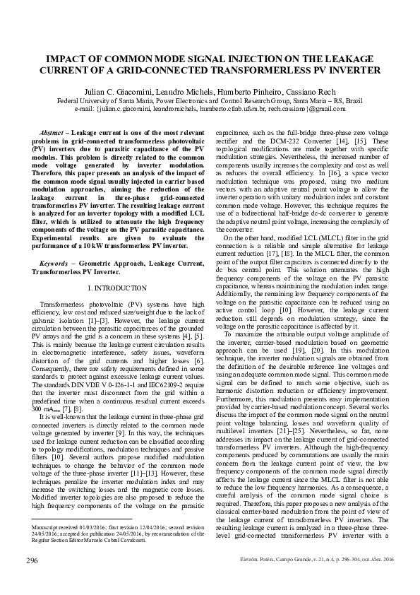 Pdf Impact Of Common Mode Signal Injection On The Leakage Current Of A Grid Connected
