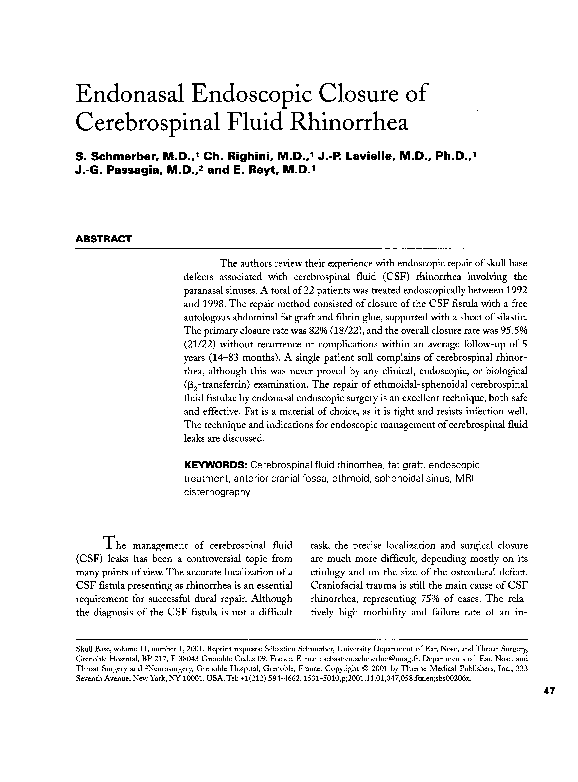 (PDF) Endonasal Endoscopic Closure of Cerebrospinal Fluid Rhinorrhea