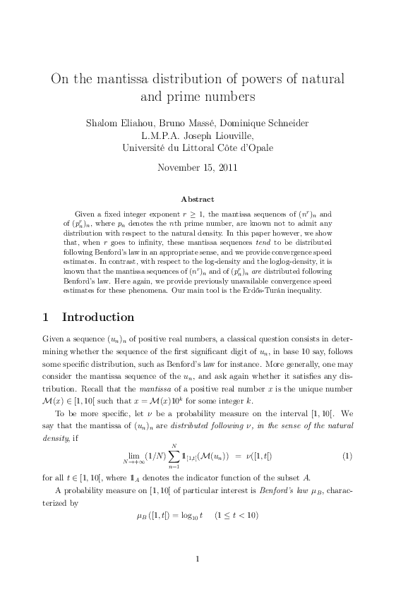 (PDF) On the mantissa distribution of powers of natural and prime numbers