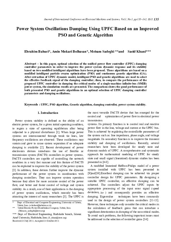Pdf Power System Oscillations Damping Using Upfc Based On An Improved Pso And Genetic Algorithm 0039
