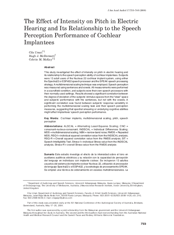 (PDF) The Effect of Intensity on Pitch in Electric Hearing and Its ...